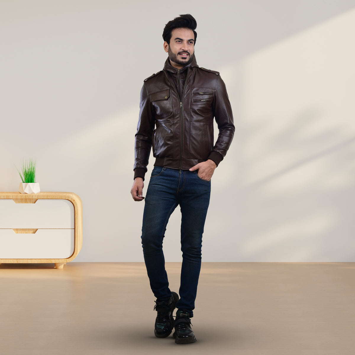 MENS LEATHER HOODED JACKET 410144(BROWN) – SREELEATHERS